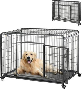 PawHut Skládací Kovová Klec pro Velké Psy 125x76x81 cm s Kolečky a Brzdami, Odnímatelný Tácek a Dveře s Zámky pro Golden Retriever a Labradory Tmavě Š