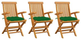 vidaXL Zahradní židle se zelenými poduškami 3 ks masivní teak