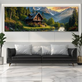 Obraz na plátně - V roubené chatce u horské říčky FeelHappy.cz Velikost obrazu: 90 x 30 cm