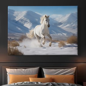 Obraz na plátně - Bílý kůň Eclipse běží zasněženou krajinou FeelHappy.cz Velikost obrazu: 180 x 120 cm