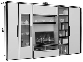 ADRK Obývací stěna SMERA 300 S-WS, bílá lesk/dub sonoma