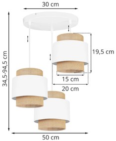 Závěsné svítidlo BOHO, 3x jutové/bílé textilní stínítko, O