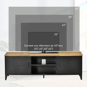 HOMCOM TV Stojan pro televizory do 55'' s 2 skříňkami, nastavitelné nohy, černý kovový rám, přírodní dřevěný vršek, 150 x 40 x 50 cm