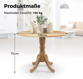 Costway 100 cm Kulatý jídelní stůl pro 4 z kaučukovníku s podnoží pro volný čas