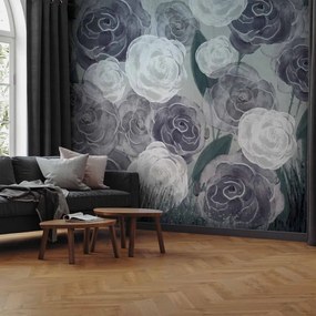 Fototapeta Husté růže - rostlinný motiv malovanými květy v šedých odstínech