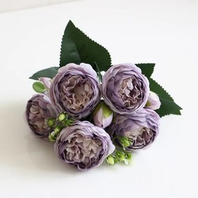 Umělá kytice 5 květů s listy - pivoňka, čajová růže Barva: Fialová