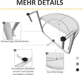 Outsunny balkonový závěsný stolek výškově nastavitelný půlkruhový zahradní stolek Ø30 cm na terasu Kov Bílá D60 x Š45 x V50 cm | Aosom.de