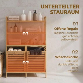 HOMCOM bambusová skříňka do koupelny s koši na prádlo – 3patrové úložiště se 2 odnímatelnými látkovými koši, 80 × 30 × 118 cm, dub