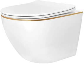 Rea Carlo Mini Tornado, závěsná WC mísa 490x355x350mm + toaletní sedátko, bílá-zlatý okraj, REA-C6801