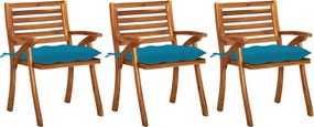 vidaXL Zahradní jídelní židle s poduškami 3 ks masivní akáciové dřevo [3060847] Barva: Světle modrá