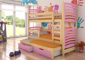 Patrová postel pro tři osoby s matracemi SORIA Hlavní barva: Pine, Další barva: Růžová