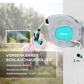 Zavlažovací cívka Outsunny s hadicí 25 m, 180° otočný box, montáž na zeď, automatické navíjení hadice, sprcha se 7 funkcemi, Zelená+Šedá