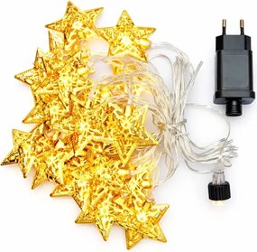 LED světelný řetěz, kovové hvězdy, 7 m, vnitřní, teple bílá, 20 diod, čirý kabel, IP20, vč. zdroje