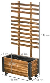 Vyvýšený záhon Outsunny s mříží a kolečky, truhlík na květiny pro popínavé rostliny, truhlík na květiny z ohořelého dřeva, 65 x 31 x 147 cm | Aosom.de