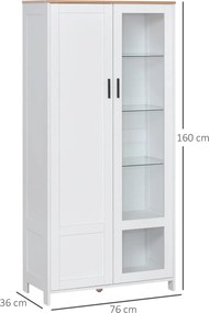HOMCOM Kuchyňská skříň s prosklenými dvířky, nastavitelné police a zvýšené nohy pro jídelnu 76x36x160 cm Bílá