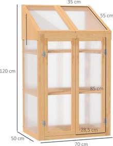Outsunny Mini skleník, malý skleník s dřevěným rámem, okno a dvojité dveře, 3 police, 70L x 50B x 120V cm, hnědý