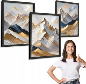 Sada 3 obrazů vzor Hory Se Zlatem černý rámeček na zeď 40x50 triptych