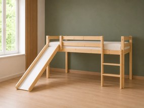 Dětská vyvýšená postel z masivu se skluzavkou – přírodní lak