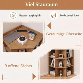 Costway Rohová knihovna s nabíjecí stanicí Rohová police s 9 přihrádkami a 1 USB