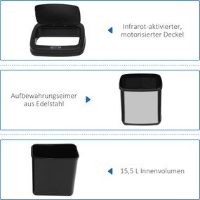 Senzorový odpadkový koš 20 l nerezová ocel Automatický odpadkový koš se senzorem pohybu, vnitřní koš 33 x 25 x 42,5 cm stříbrná+černá