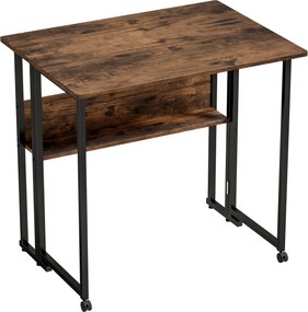 HOMCOM skládací psací stůl s policí, 80 x 58 cm, pro malé prostory — na kolečkách, snadná montáž, rustikální hnědá