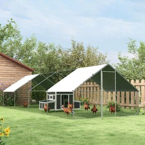 PawHut Velký venkovní kurník 24 m² pro 16-24 slepic 3x8x2 m Galvanizovaný ocelový kurník s PE krytem a zámkem - Stříbrný