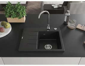 Mexen Ben, 1-komorový granitový dřez 600x500x190 mm, pravý + chromový sifon, černá-stříbrná metalíza, 6523605000-73