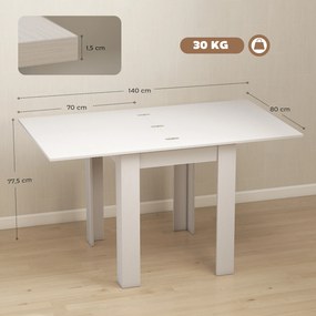 HOMCOM rozkládací jídelní stůl pro 4-6 osob z dřeva a oceli, 140x80x77,5 cm, bílé dřevěné provedení