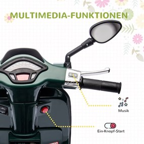 Dětská elektrická Vespa skůtr AIYAPLAY 6V – elektrická motorka pro děti 3-6 let, rozměry 107L x 47W x 73H cm, MP3 hudba, USB port, FM rádio, světlome…