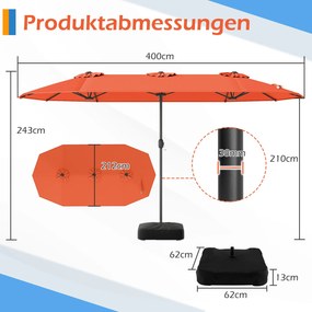 Costway Dvojitý slunečník se stojanem UPF 50+ – 400 × 200 cm, pomerančový
