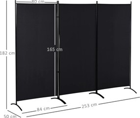 HOMCOM 3-panelový paraván 2,53m x 0,5m x 1,82m s bočním slunečníkem, větrným štítem na stojanu z kovu a polyesteru s vysokou hustotou - Černý | Aosom