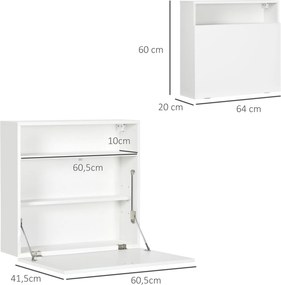 HOMCOM Moderní nástěnný skládací stůl s úložnými policemi, nosnost 40 kg, pro ložnici, obývací pokoj, kancelář 64x20x60 cm Bílý
