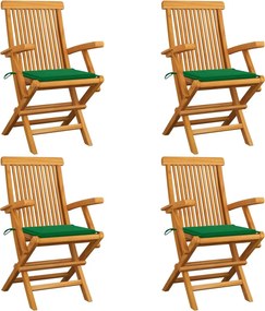 Skládací židle se zelenými polštáři, 4 ks, masivní teakové dřevo 3065622