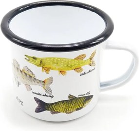 Smaltovaný hrnek Ryby, 330 ml – bílý, s autorskou ilustrací ryb, retro design