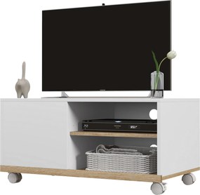 HOMCOM Moderní TV Stánek na Kolečkách pro Televize do 42 Palců - TV Stánek do Obývacího Pokoje s 1 Dvéřmi a 2 Úložnými Policemi 80x45x39,5 cm Bílý
