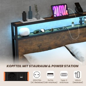 Costway Rám manželské postele s LED platformou a zásuvkami