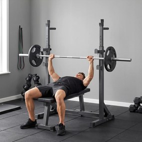 SPORTNOW Multifunkční opora pro činky s nastavitelné šířkou a výškou - Svalový stojan se ocelovou konstrukcí, nosnost 150 kg pro domácí trénink