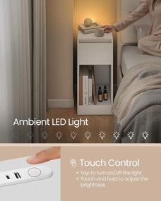 Úzký noční stolek s nabíjecí stanicí a LED osvětlením, s USB porty, bílý