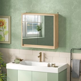 HOMCOM Koupelnová skříňka se zrcadlem, 2 dveřmi a nastavitelnou policí, závěsná koupelnová skříňka pro moderní koupelnu 48x14,5x45 cm, přirodní dřevo