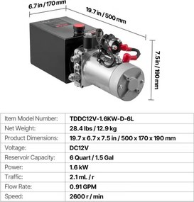 Hydraulický agregát 6 l, Maximální přetlak 22 MPa a průtok 3,4 l/min VEVOR
