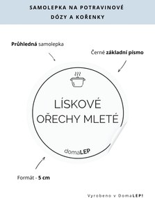 LÍSKOVÉ OŘECHY – průhledná samolepka na dózu, základní písmo, 5 cm | DomaLEP