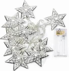 LED světýlka na baterie, 1,3 m, kovové hvězdy, ledově bílá, 10 diod, čirý kabel, IP20 interiér, 2× AA
