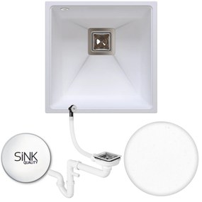 Sink Quality Argon 50, kuchyňský granitový dřez 420x420x225 mm + chromový sifon, bílá, SKQ-ARG.W.1KBO.50.X