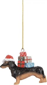Hnědá závěsná dekorace jezevčík Dachshund s dárečky - 7*2*6 cm