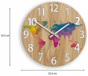 M.Clock Barevné nástěnné dřevěné hodiny mapa světa 33,5cm hnědé