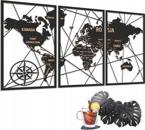 Dřevěná mapa světa Nástěnný prolamovaný panel Triptych Obraz na zeď 95x170