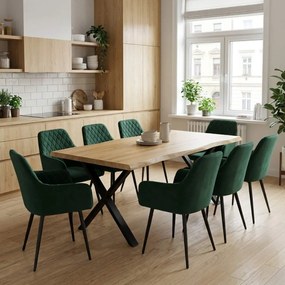 Vikio Jídelní set pro 8 osob 180x90 cm soft dub noha X zelená židle s područkami VJS228-8Z