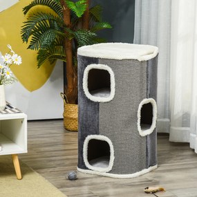 Škrabací strom PawHut pro kočky, 3 úrovně, dřevotříska, sametový polyester, sisal, šedá+bílá, 40x40x74cm| Aosom