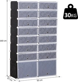 HOMCOM Sada botních boxů 16 kusů, stohovatelný organizér na boty s dveřmi, černá + bílá