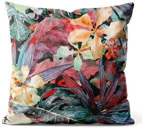 Dekorační velurový polštář Barevné listy - jemný květinový vzor ve stylu akvarelu